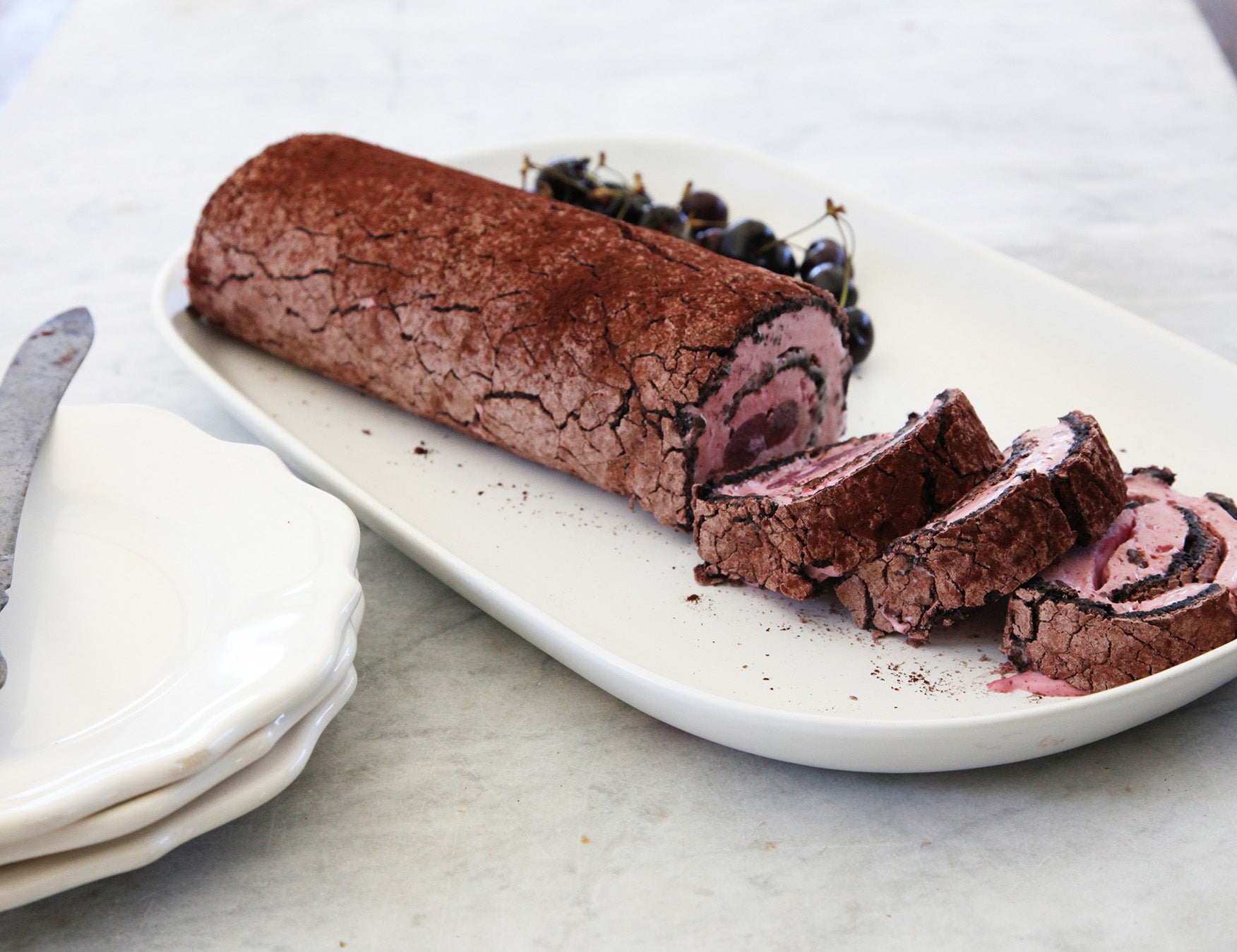 Chocolate Roulade with Morello Cherry Ice Cream Recipe | Maggie Beer