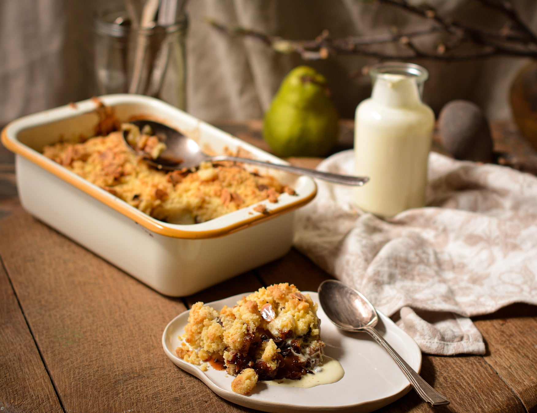 Warm Pear, Chocolate & Almond Crumble Recipe | Maggie Beer